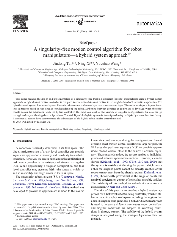 Pdf A Singularity Free Motion Control Algorithm For Robot Manipulators—a Hybrid System Approach 5026
