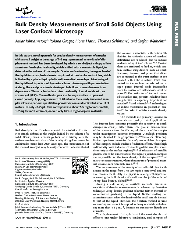 (PDF) Bulk Density Measurements of Small Solid Objects Using Laser ...