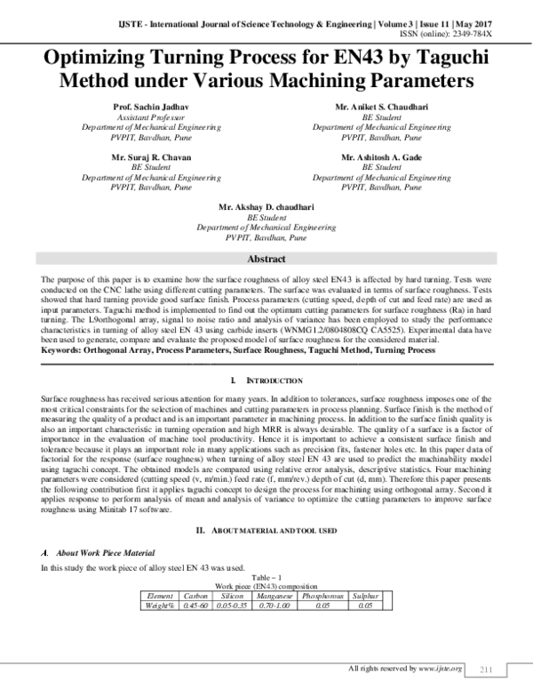 (PDF) Optimizing Turning Process for EN43 by Taguchi Method under Various Machining Parameters