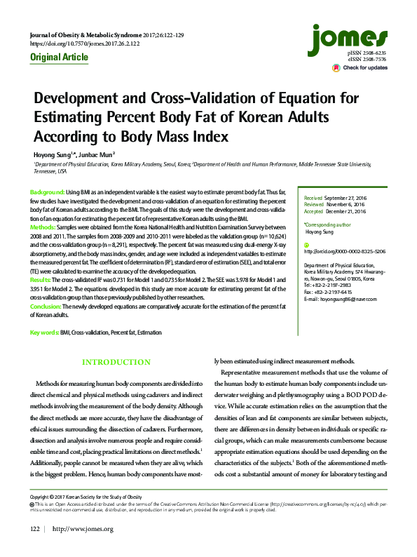 (PDF) Development and Cross-Validation of Equation for Estimating Percent Body Fat of Korean ...