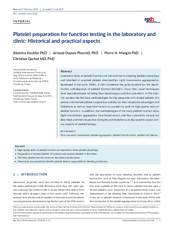(PDF) Platelet preparation for function testing in the laboratory and ...