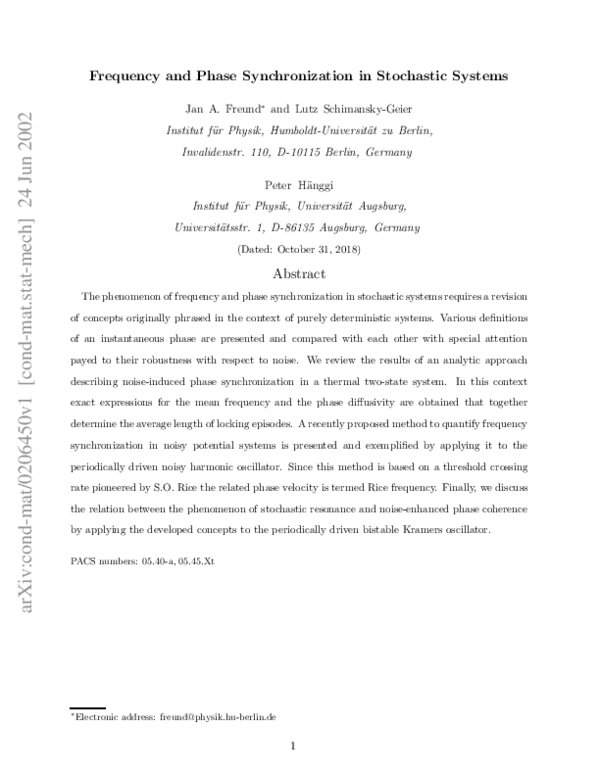 (PDF) Frequency and phase synchronization in stochastic systems