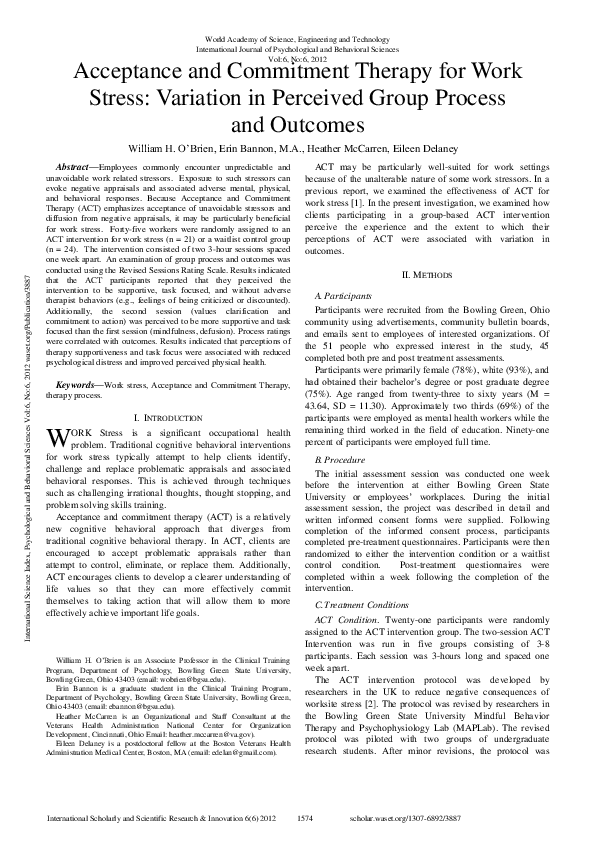 (PDF) ACT for Work Stress: Perceived Process and Outcomes