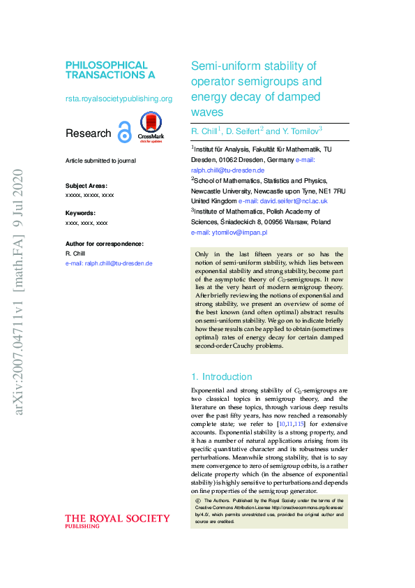 (PDF) Semi-uniform stability of operator semigroups and energy decay of damped waves