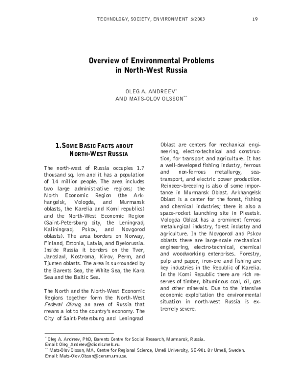 (PDF) Overview of Environmental Problems in North-West Russia