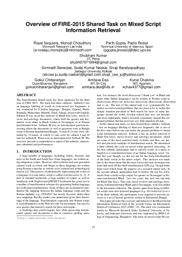 (PDF) Overview of FIRE-2015 Shared Task on Mixed Script Information Retrieval | SHUBHAM KUMAR ...