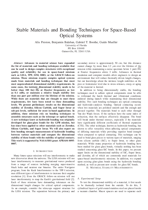 (PDF) Stable Materials and Bonding Techniques for Space-Based Optical ...
