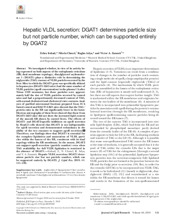 (PDF) Hepatic VLDL secretion: DGAT1 determines particle size but not ...