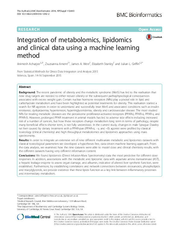 (PDF) Integration of metabolomics, lipidomics and clinical data using a machine learning method