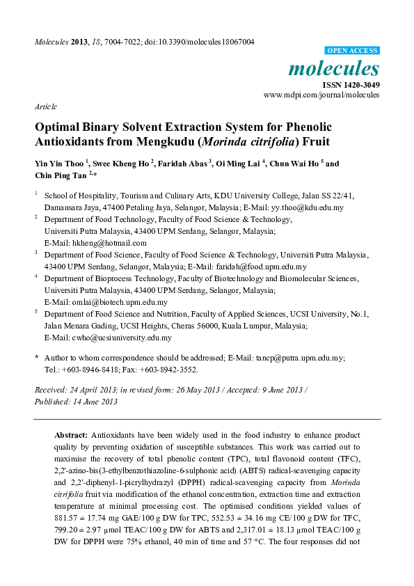 (PDF) Optimal Binary Solvent Extraction System for Phenolic Antioxidants from Mengkudu (Morinda ...
