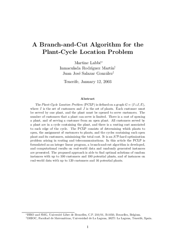 Pdf A Branch And Cut Algorithm For The Plant Cycle Location Problem 5988