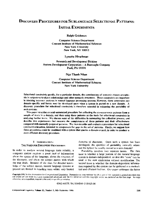 (PDF) Discovery procedures for sublanguage selectional patterns