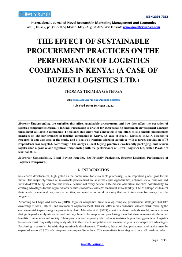 (PDF) The Effect of Sustainable Procurement Practices on the Performance of Logistics Companies ...