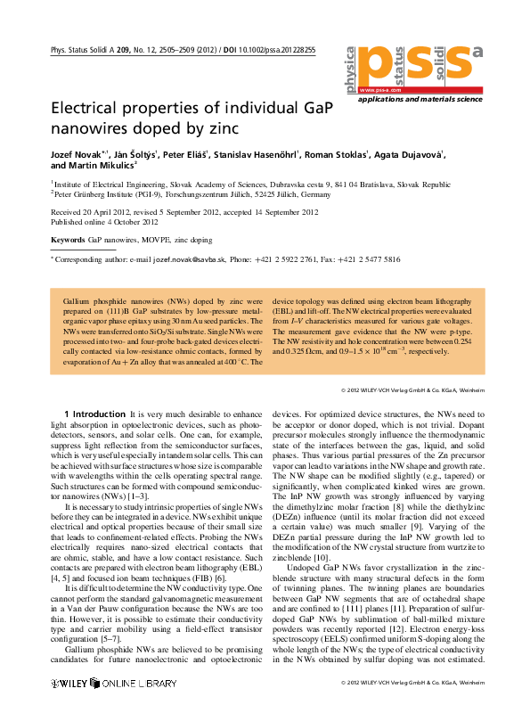 (PDF) Electrical properties of individual GaP nanowires doped by zinc | Roman Stoklas - Academia.edu