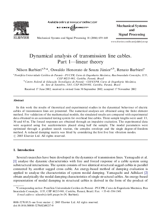 (PDF) Dynamical analysis of transmission line cables. Part 1—linear theory