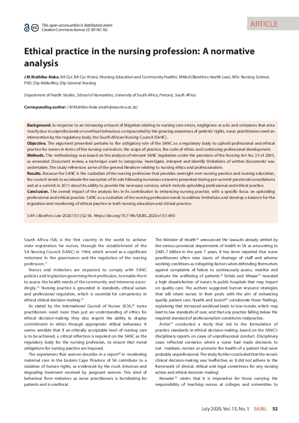 (PDF) Ethical practice in the nursing profession: A normative analysis