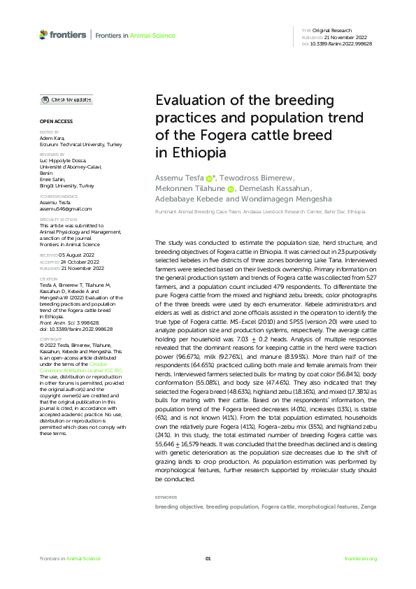 (PDF) Evaluation of the breeding practices and population trend of the Fogera cattle breed in ...