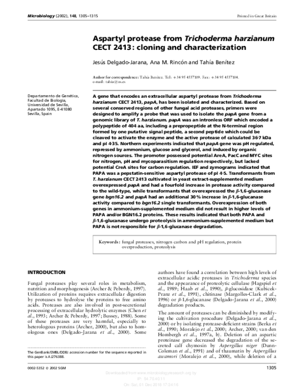 (PDF) Aspartyl protease from Trichoderma harzianum CECT 2413: cloning ...