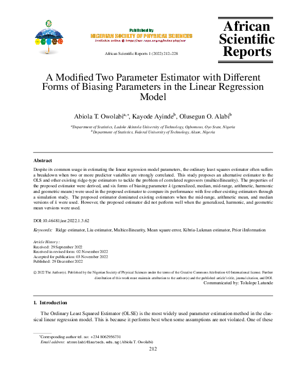 (PDF) A Modified Two Parameter Estimator with Different Forms of Biasing Parameters in the ...