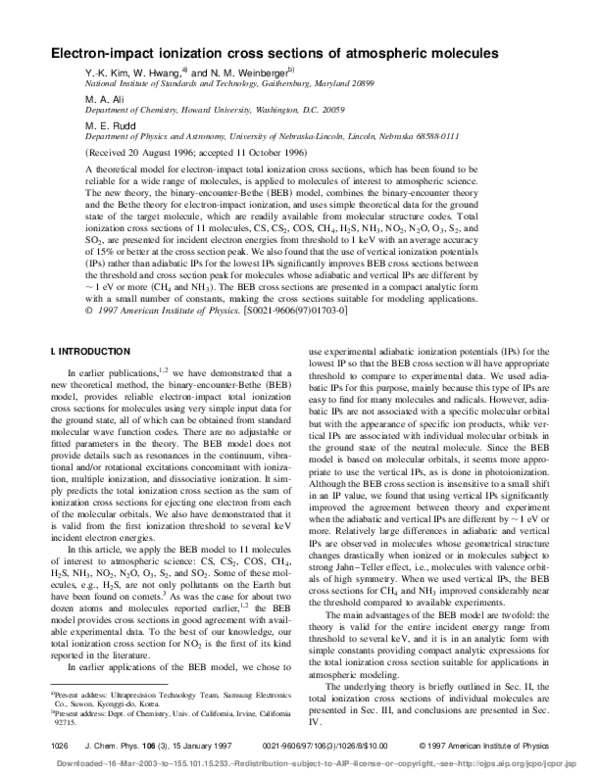 (PDF) Electron-impact ionization cross sections of atmospheric molecules