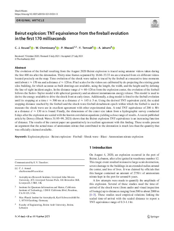 (PDF) Beirut explosion: TNT equivalence from the fireball evolution in ...