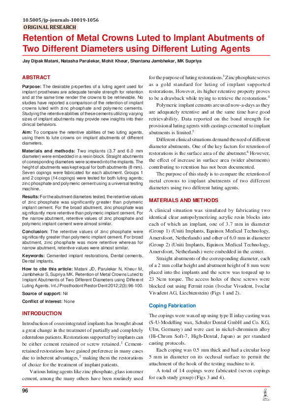 (PDF) Retention of Metal Crowns Luted to Implant Abutments of Two ...