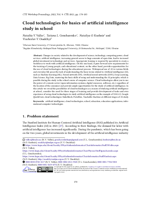 (PDF) Cloud technologies for basics of artificial intelligence study in school
