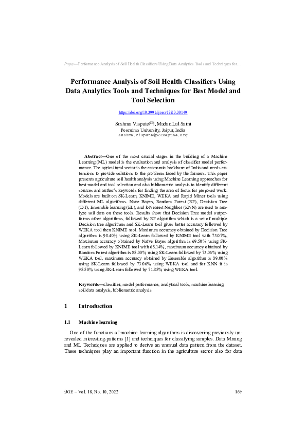 (PDF) Performance Analysis of Soil Health Classifiers Using Data Analytics Tools and Techniques ...