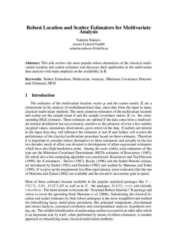 (PDF) Robust location and scatter estimators for multivariate analysis