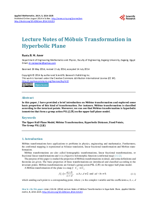 (PDF) Lecture Notes of Möbuis Transformation in Hyperbolic Plane