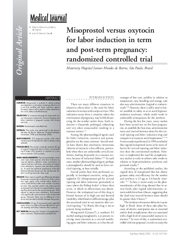 (PDF) Misoprostol versus oxytocin for labor induction: Randomized ...