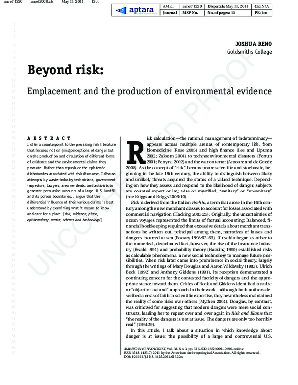 (PDF) Beyond risk: Emplacement and the production of environmental evidence