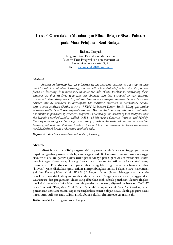 (PDF) Inovasi Guru dalam Membangun Minat Belajar Siswa Paket A pada Mata Pelajaran Seni Budaya