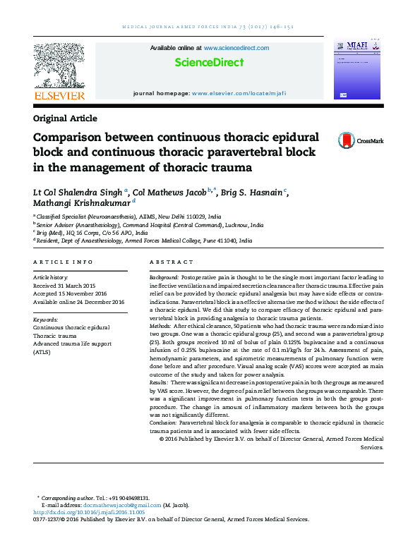 (PDF) Comparison between continuous thoracic epidural block and ...