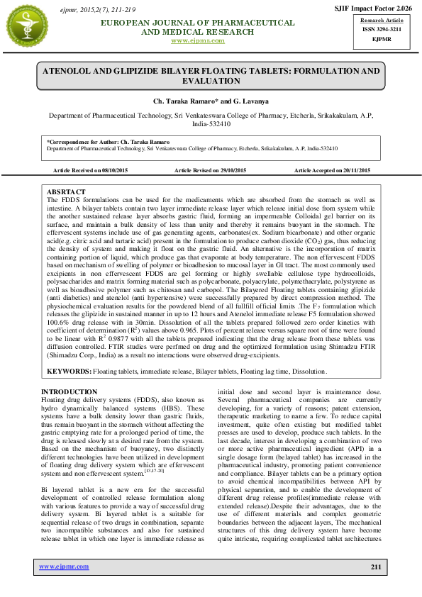 Pdf Atenolol And Glipizide Bilayer Floating Tablets Formulation And Evaluation