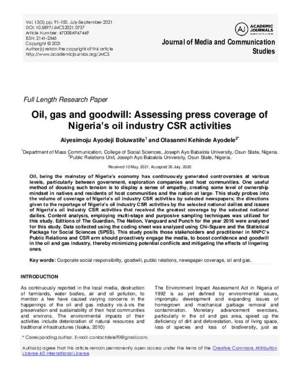 (PDF) Oil, gas and goodwill: Assessing press coverage of Nigerias oil ...