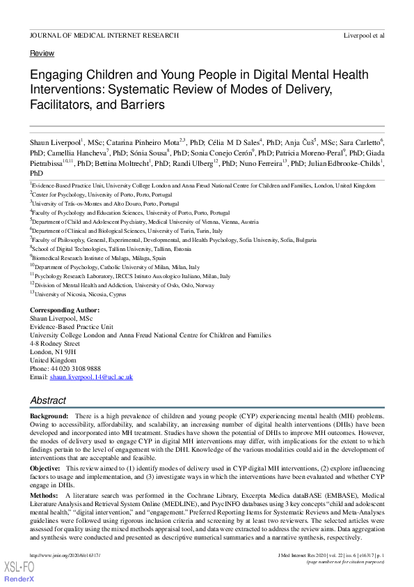 (PDF) Engaging Children and Young People in Digital Mental Health Interventions: Systematic ...