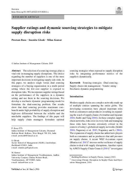 Pdf Supplier Ratings And Dynamic Sourcing Strategies To Mitigate Supply Disruption Risks