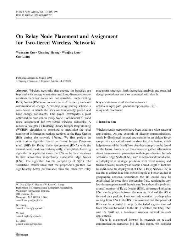 Pdf On Relay Node Placement And Assignment For Two Tiered Wireless Networks Cao Liang