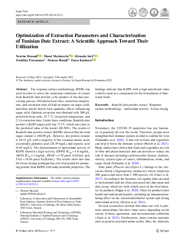 (PDF) Optimization of Extraction Parameters and Characterization of Tunisian Date Extract: A ...