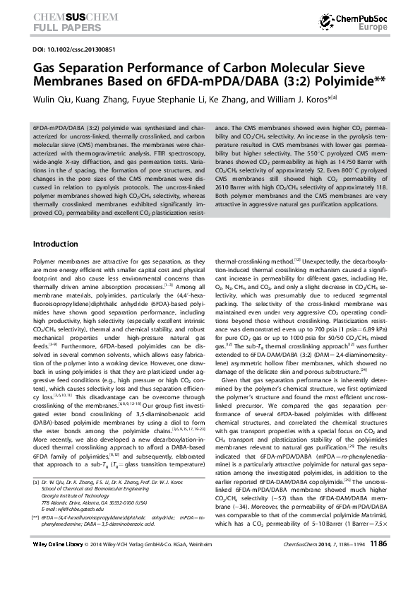 (PDF) Gas Separation Performance of Carbon Molecular Sieve Membranes ...