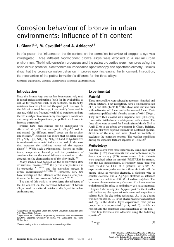 (PDF) Corrosion behaviour of bronze in urban environments: influence of ...