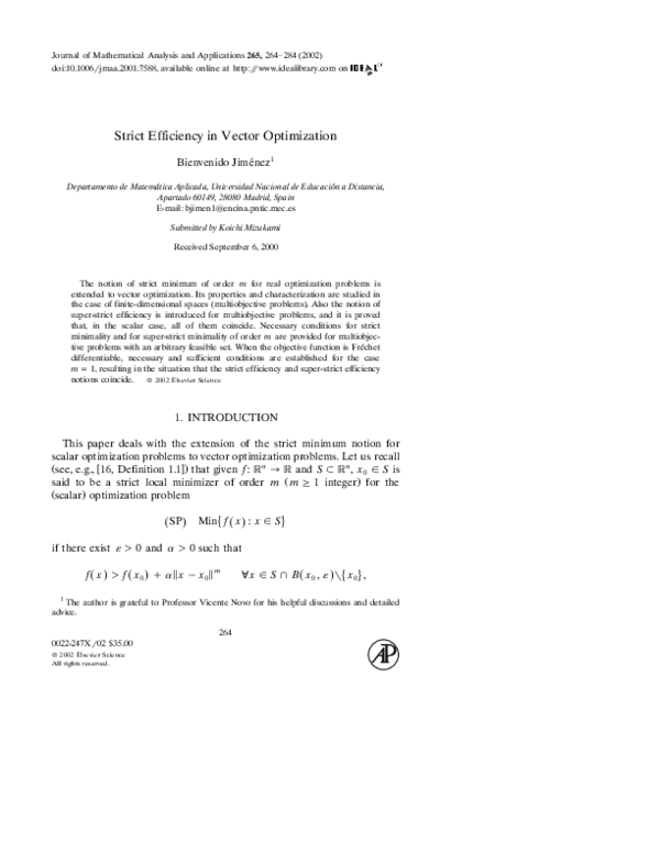 (PDF) Strict Efficiency in Vector Optimization | Bienvenido JIMENEZ - Academia.edu