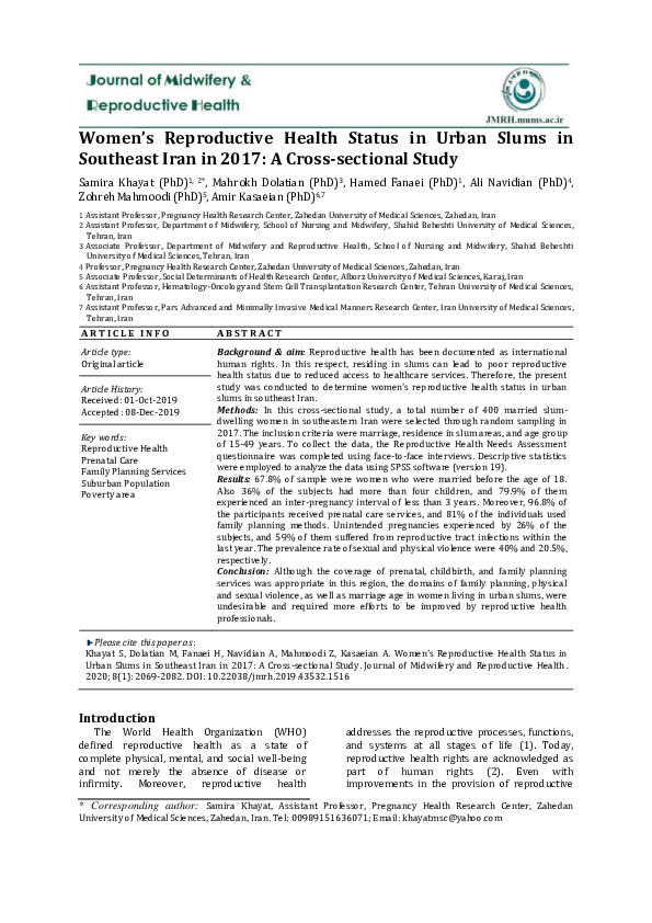 (PDF) Women’s Reproductive Health Status in Urban Slums in Southeast ...