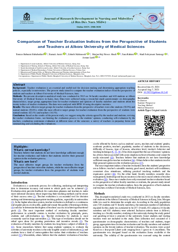 (PDF) Comparison of Teacher Evaluation Indices from the Perspective of ...