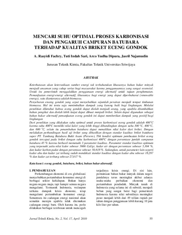 Pdf Mencari Suhu Optimal Proses Karbonisasi Dan Pengaruh Campuran