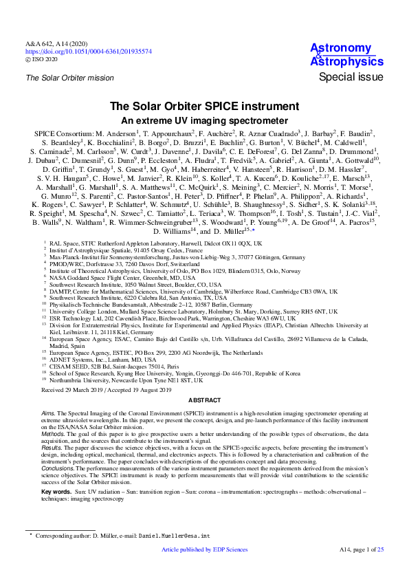 (PDF) SPICE EUV spectrometer for the Solar Orbiter mission