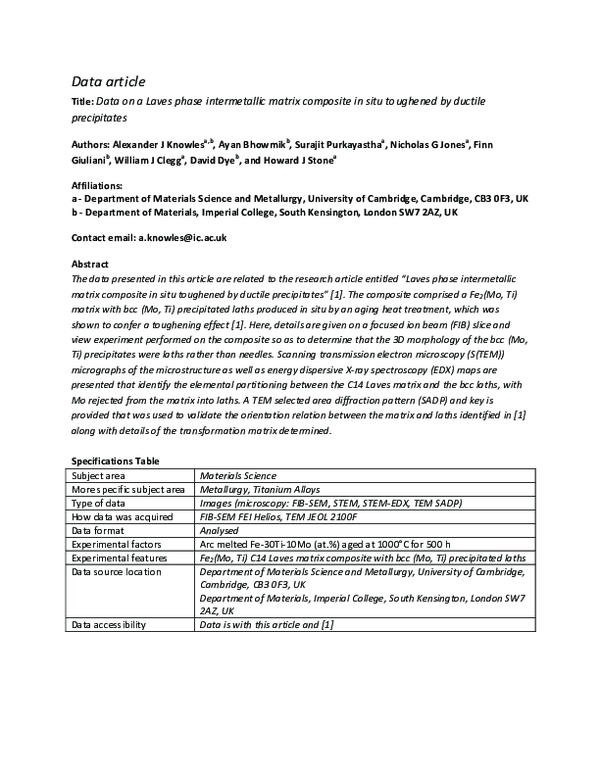 Pdf Data On A Laves Phase Intermetallic Matrix Composite In Situ Toughened By Ductile Precipitates