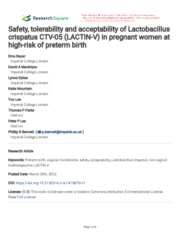 (PDF) Safety, tolerability and acceptability of Lactobacillus crispatus ...