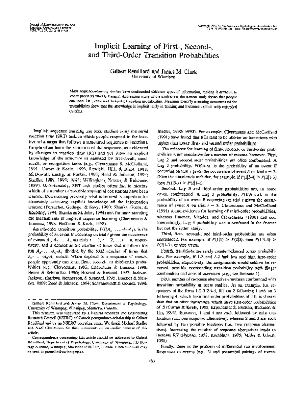(PDF) Implicit learning of first-, second-, and third-order transition probabilities | Jim Clark ...